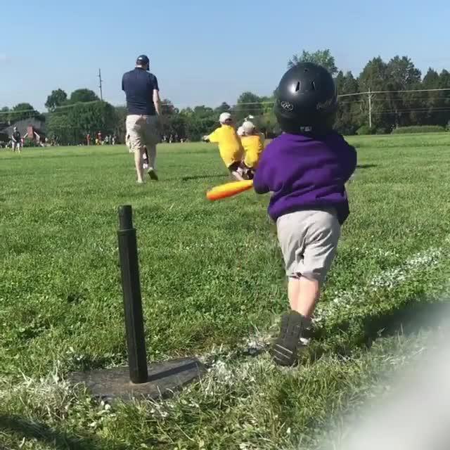 Toddler Hits Ball in First Baseball Game - Poke My Heart